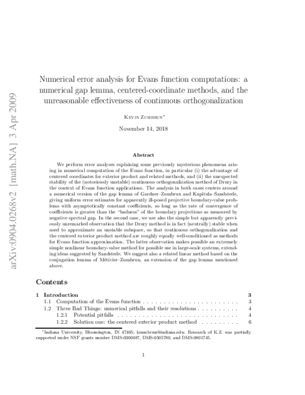 (PDF) Numerical error analysis for evans function computations: a numerical gap lemma, centered ...
