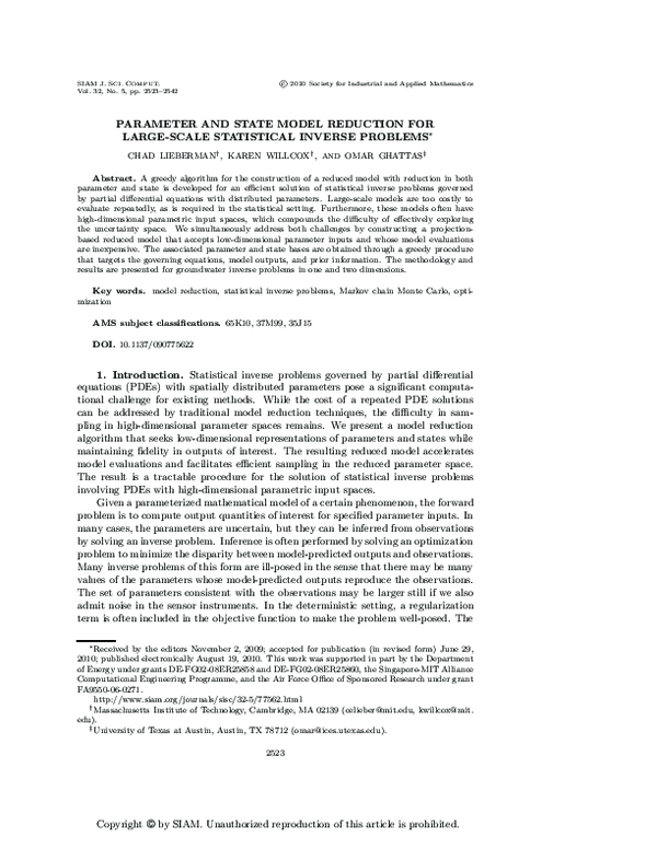 Pdf Parameter And State Model Reduction For Large Scale Statistical Inverse Problems