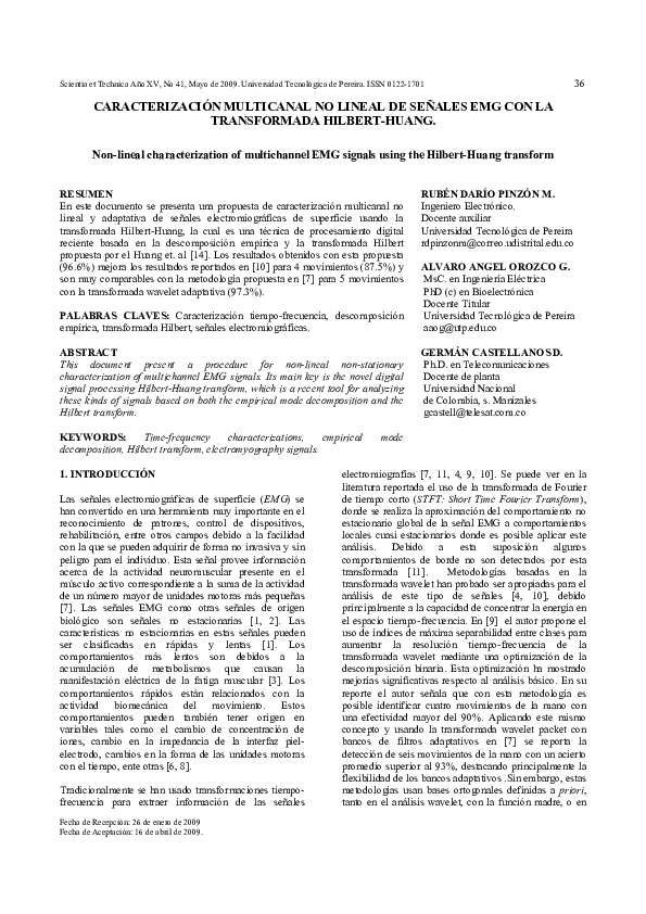 (PDF) Caracterización multicanal no lineal de señales EMG con la transformada Hilbert-Huang
