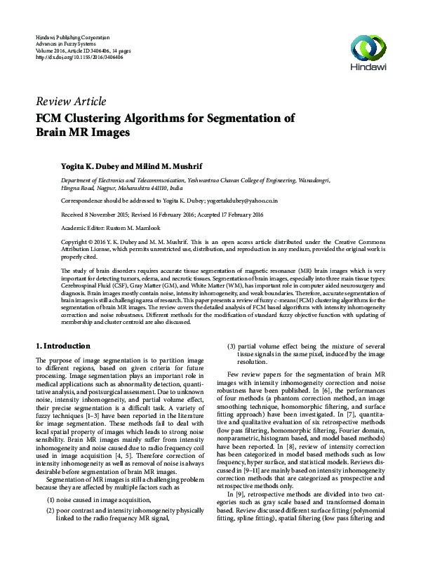 Pdf Fcm Clustering Algorithms For Segmentation Of Brain Mr Images
