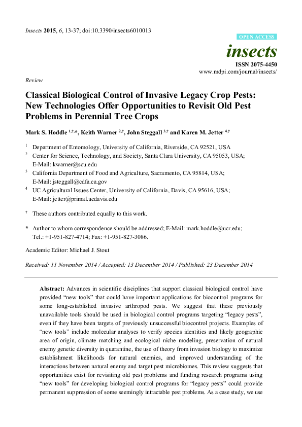 (PDF) Classical Biological Control of Invasive Legacy Crop Pests: New ...
