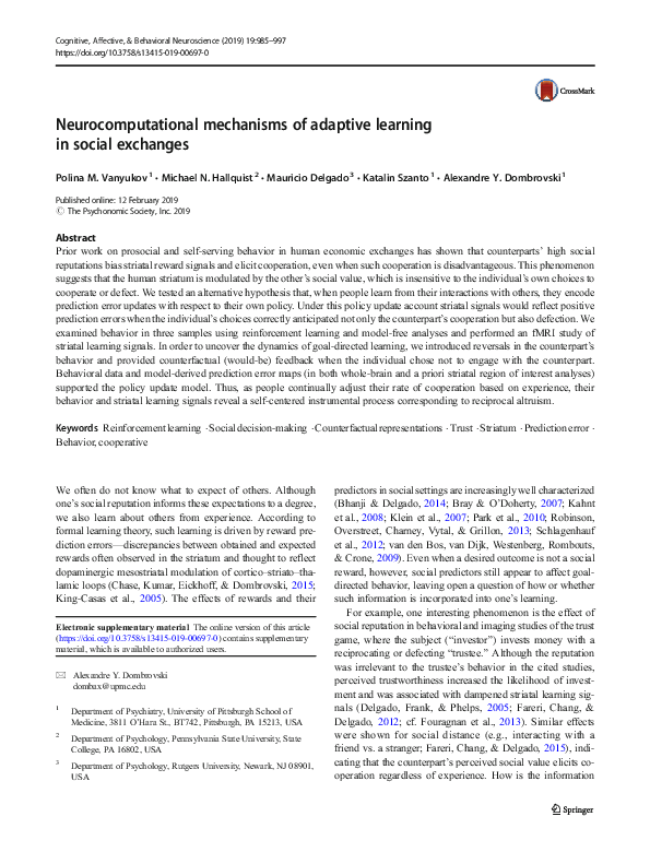 (PDF) Neurocomputational mechanisms of adaptive learning in social exchanges