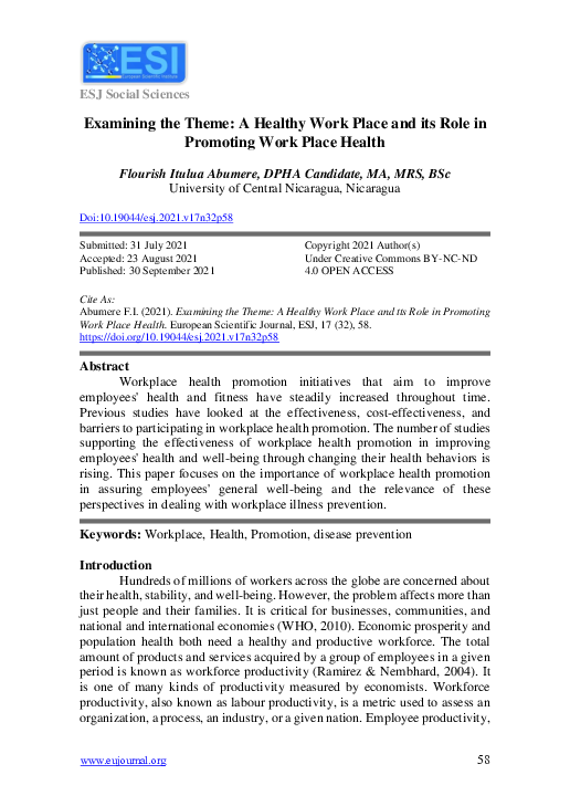 (PDF) Examining the Theme: A Healthy Work Place and its Role in ...