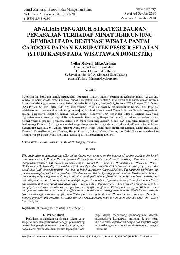 (PDF) Analisis Pengaruh Strategi Bauran Pemasaran Terhadap Minat Berkunjung Kembali Pada ...