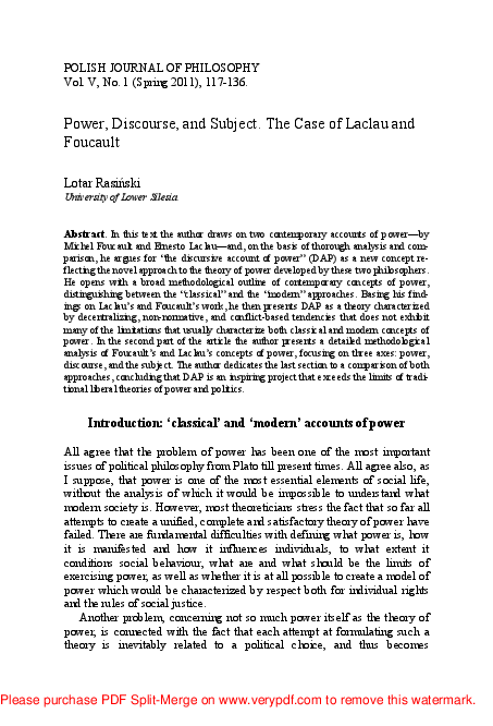 (PDF) Power, Discourse, and Subject. The Case of Laclau and Foucault