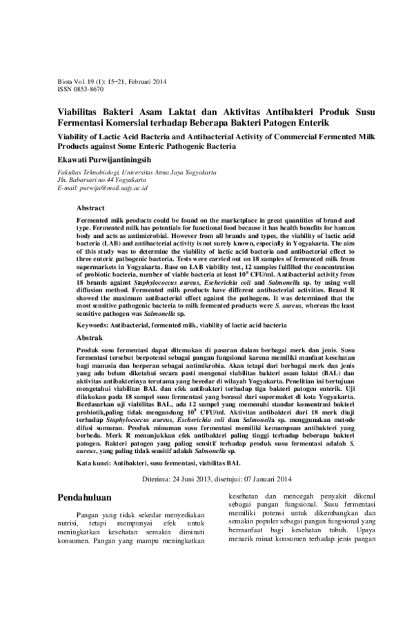 (PDF) Viabilitas Bakteri Asam Laktat dan Aktivitas Antibakteri Produk Susu Fermentasi Komersial ...