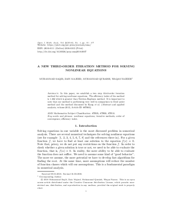 Pdf A New Third Order Iteration Method For Solving Nonlinear Equations