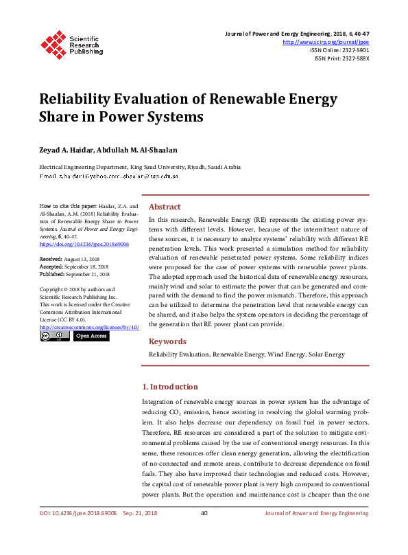 Pdf Evaluating Reliability Of Renewable Energy In Power Systems