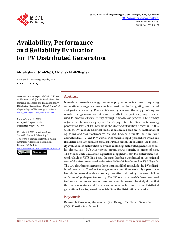 Pdf Availability Performance And Reliability Evaluation For Pv Distributed Generation