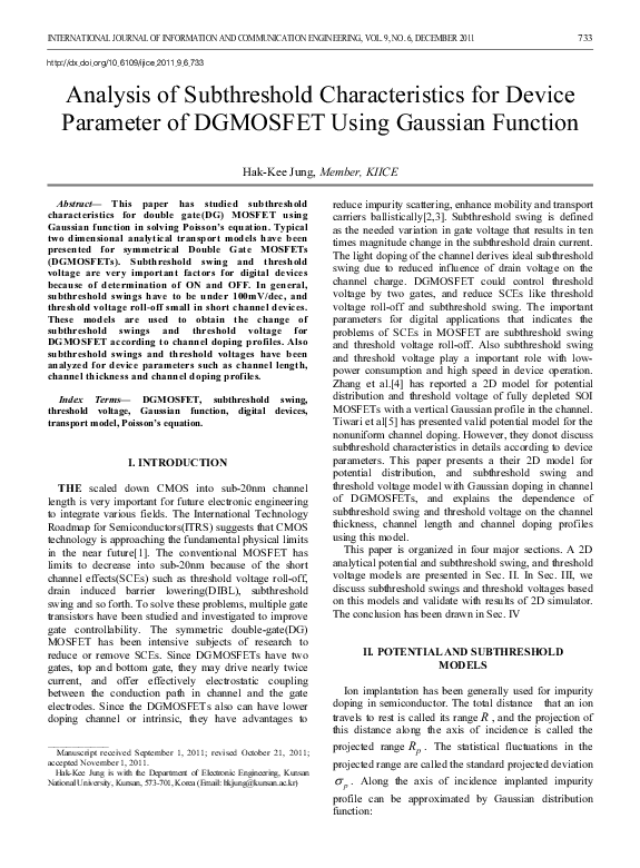 (PDF) Analysis of Subthreshold Characteristics for Device Parameter of DGMOSFET Using Gaussian ...