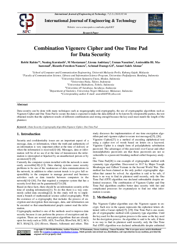 Pdf Combination Vigenere Cipher And One Time Pad For Data Security Achmad Daengs