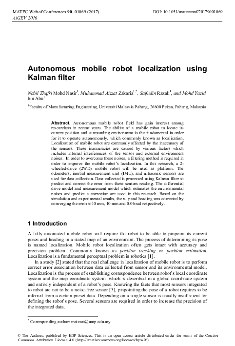 Pdf Autonomous Mobile Robot Localization Using Kalman Filter