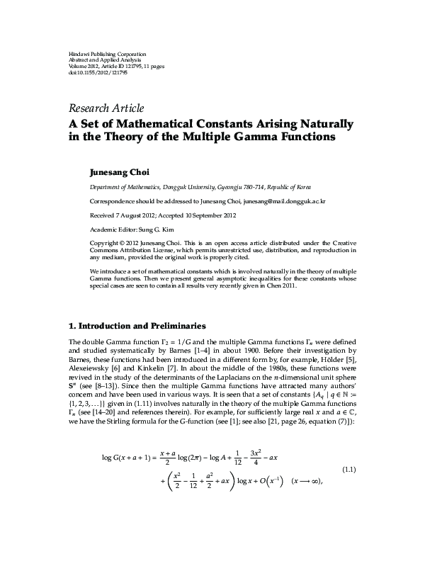(PDF) A Set of Mathematical Constants Arising Naturally in the Theory of the Multiple Gamma ...