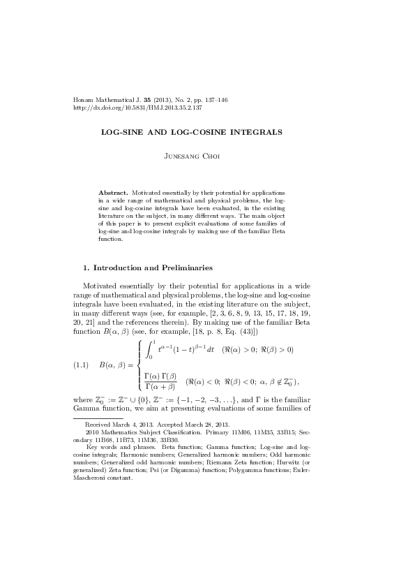 (PDF) Log-Sine and Log-Cosine Integrals