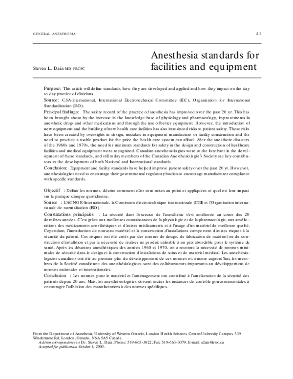 (PDF) Anesthesia standards for facilities and equipment