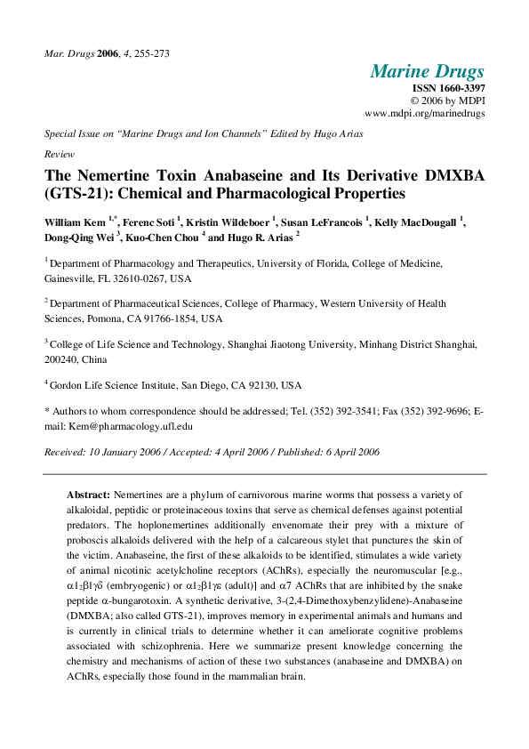(PDF) The nemertine toxin anabaseine and its derivative DMXBA (GTS-21 ...