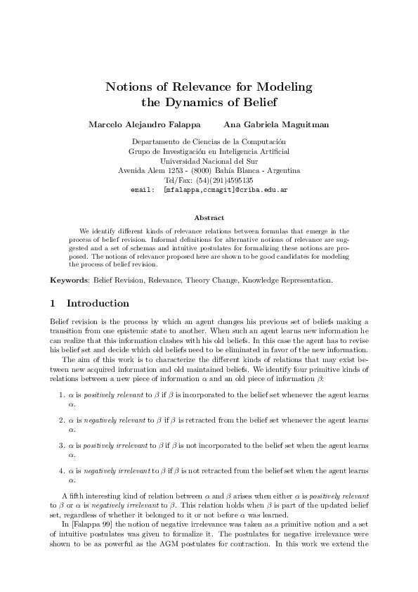 (PDF) Notions of relevance for modeling the dynamics of belief