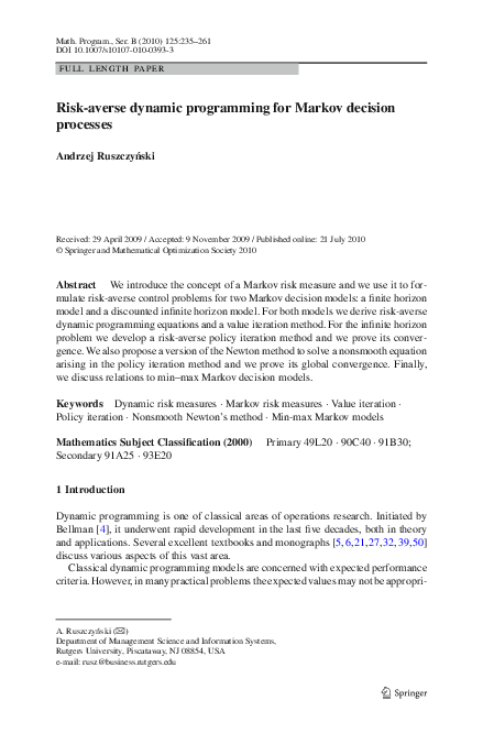 (PDF) Risk-averse dynamic programming for Markov decision processes
