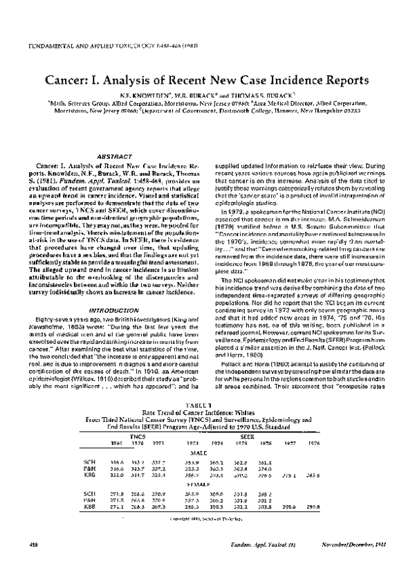 (PDF) Cancer: I. Analysis of Recent New Case Incidence Reports