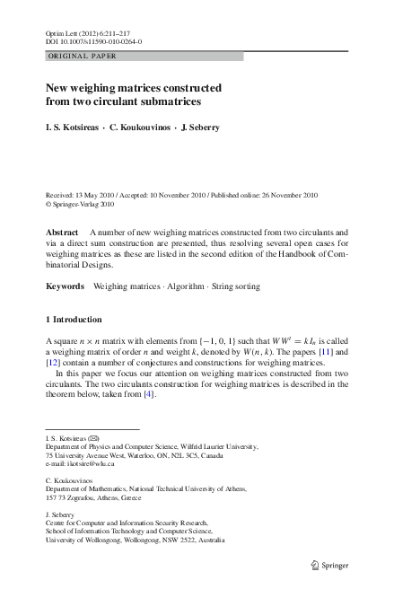 (PDF) New weighing matrices constructed from two circulant submatrices