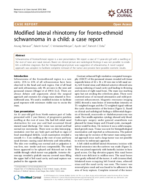 (PDF) Modified lateral rhinotomy for fronto-ethmoid schwannoma in a ...