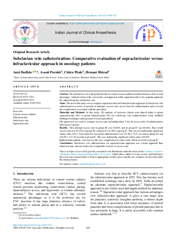 (PDF) Subclavian vein catheterization: Comparative evaluation of ...