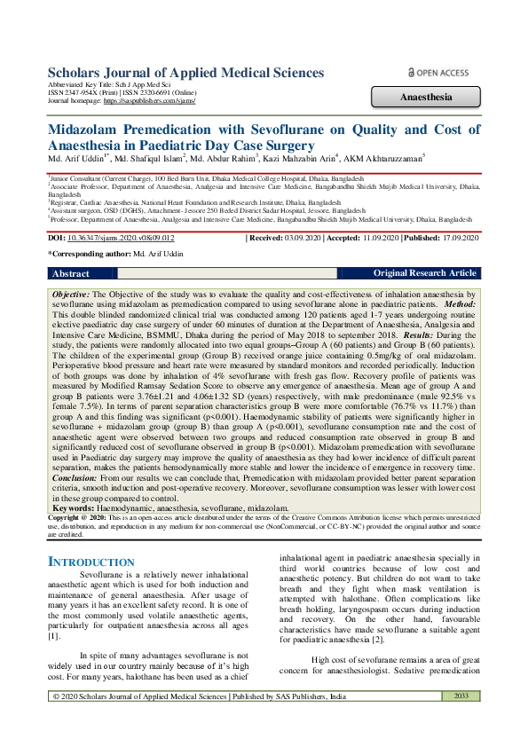 (PDF) Midazolam Premedication with Sevoflurane on Quality and Cost of ...