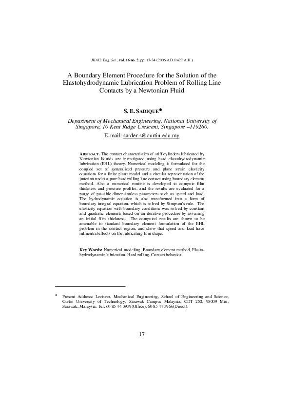 (PDF) A Boundary Element Procedure for the Solution of the Elastohydrodynamic Lubrication ...