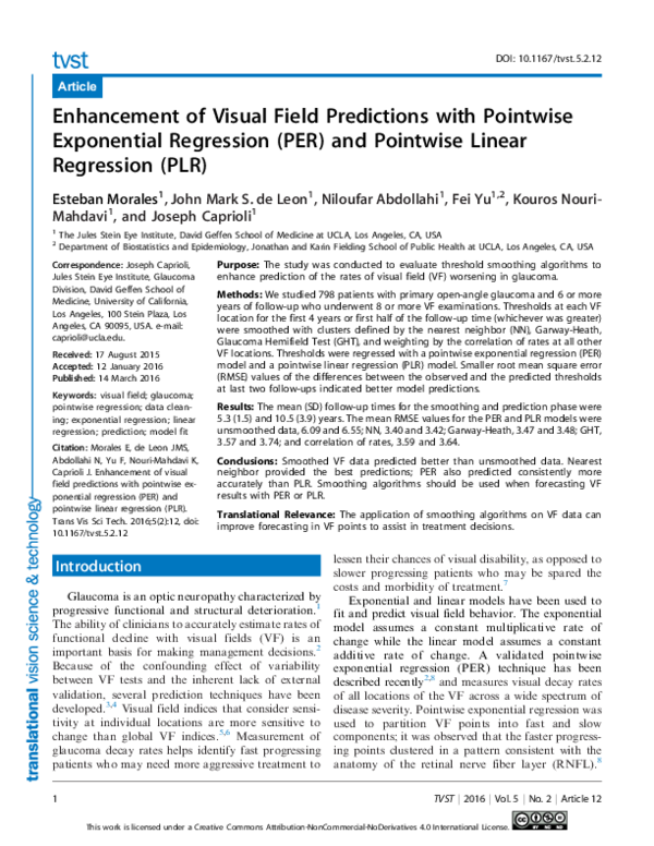 (PDF) Enhancement of Visual Field Predictions with Pointwise Exponential Regression (PER) and ...