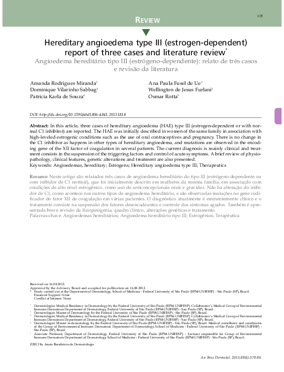 (PDF) Hereditary angioedema type III (estrogen-dependent) report of ...