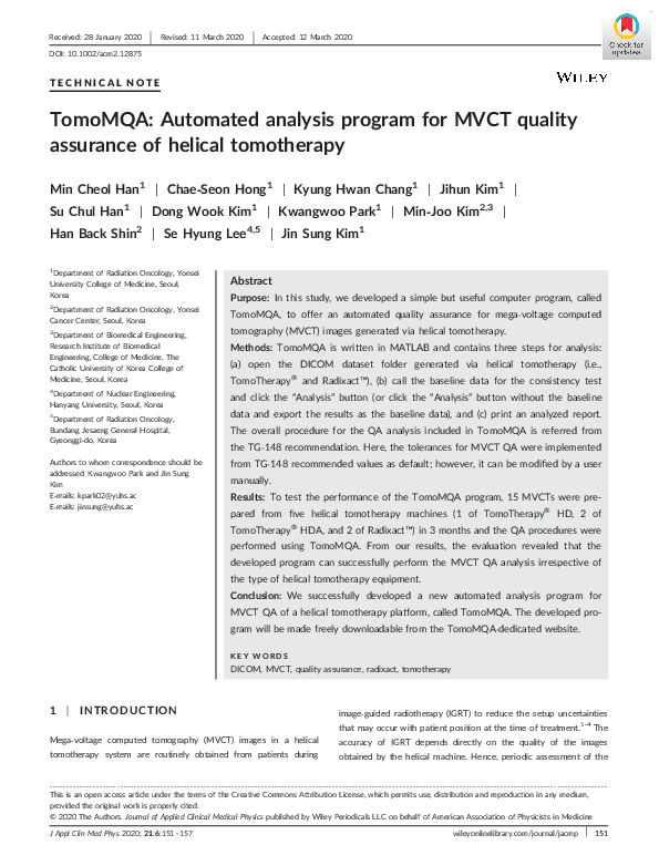 Pdf Tomomqa Automated Analysis Program For Mvct Quality Assurance Of Helical Tomotherapy