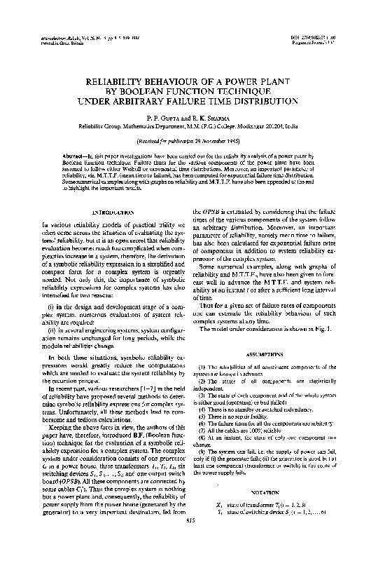 (PDF) Reliability behaviour of a power plant by boolean function technique under arbitrary ...