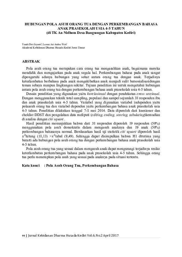 (PDF) HUBUNGAN POLA ASUH ORANG TUA DENGAN PERKEMBANGAN BAHASA ANAK PRASEKOLAH USIA 4-5 TAHUN (di ...
