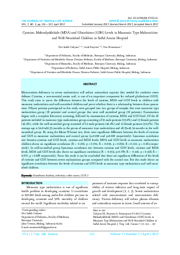 (PDF) Cysteine, Malondyaldehide (MDA) and Glutathione (GSH) Levels in ...