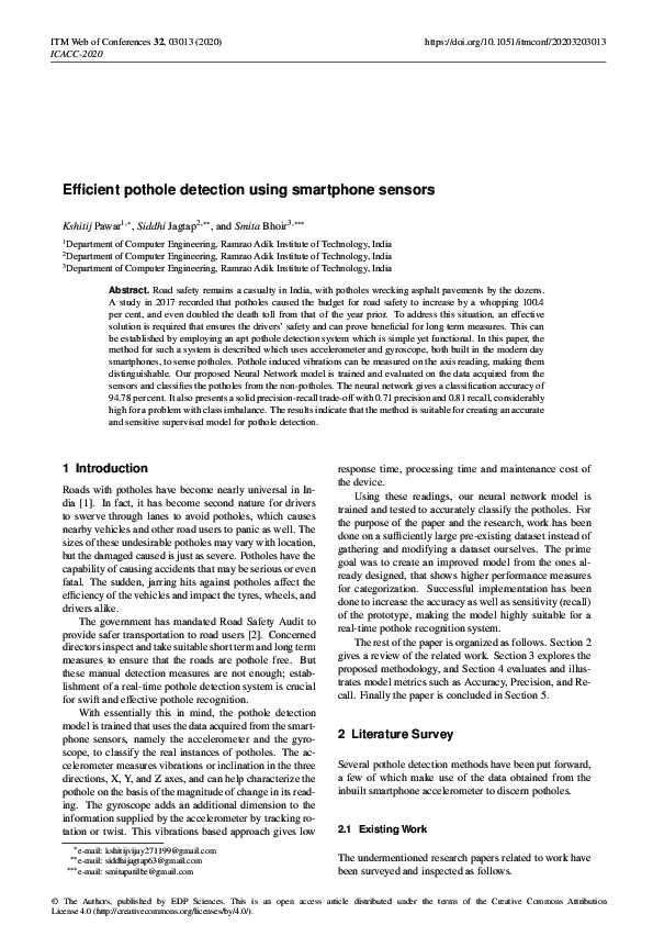 Pdf Efficient Pothole Detection Using Smartphone Sensors