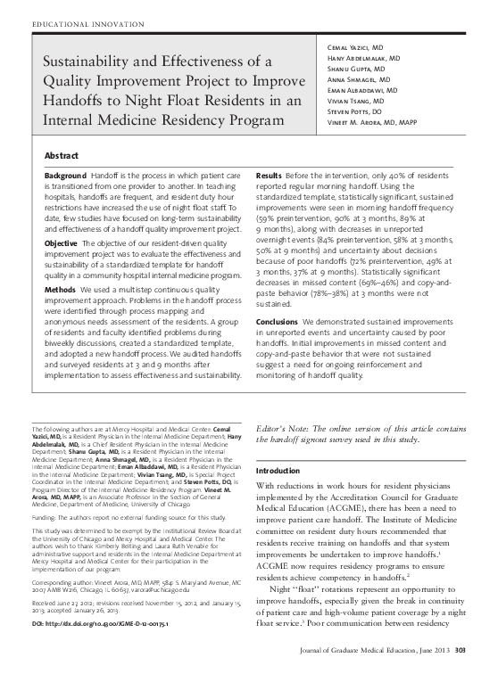 (PDF) Sustainability and effectiveness of a quality improvement project ...