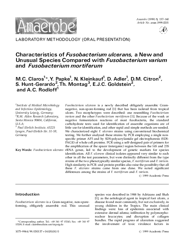(PDF) Characteristics of Fusobacterium ulcerans, a New and Unusual Species Compared with ...