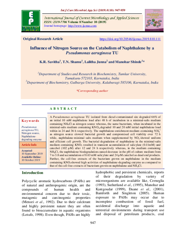 (PDF) Influence of Nitrogen Source on the Catabolism of Naphthalene by a Pseudomonas aeruginosa ...