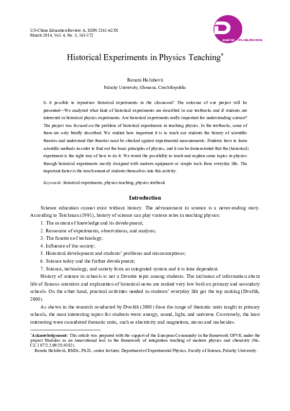 (PDF) Historical Experiments in Physics Teaching
