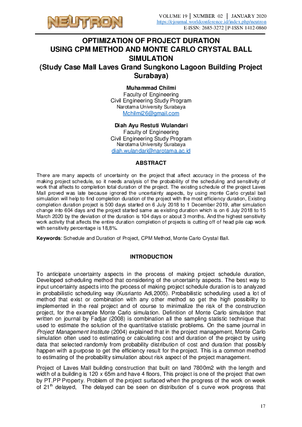 (PDF) Optimization of Project Duration Using CPM Method and Monte Carlo ...