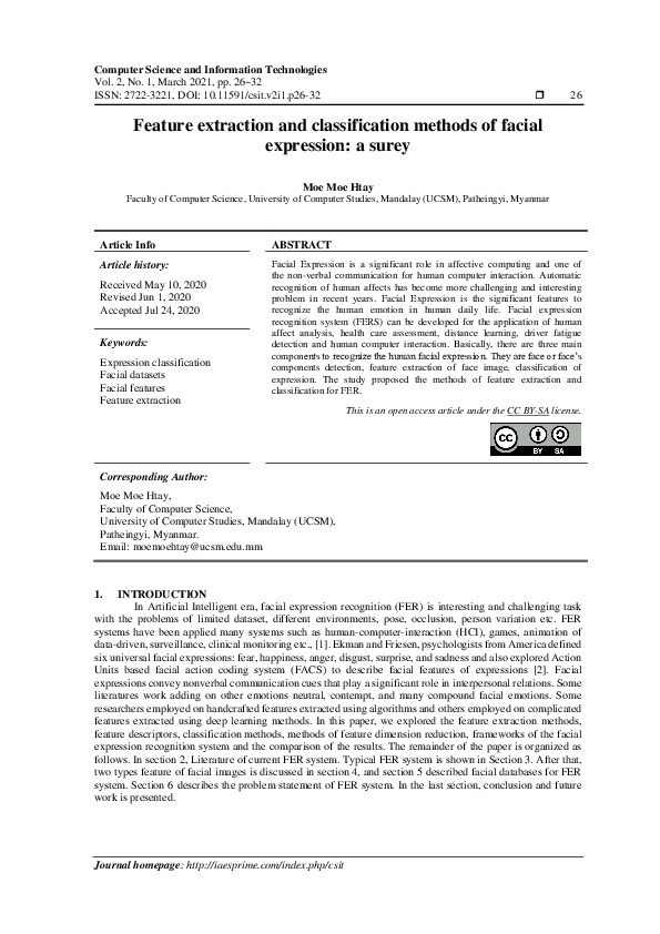 Pdf Feature Extraction And Classification Methods Of Facial
