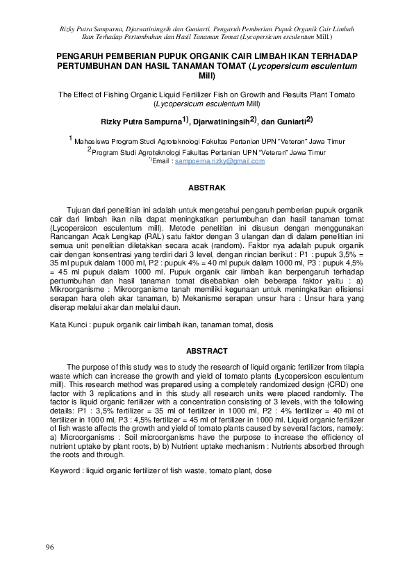 (PDF) PENGARUH PEMBERIAN PUPUK ORGANIK CAIR LIMBAH IKAN TERHADAP PERTUMBUHAN DAN HASIL TANAMAN ...