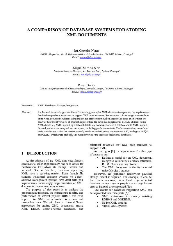 (PDF) A Comparison of Database Systems for Storing XML Documents (PDF) A Comparison of Database Systems for Storing XML Documents