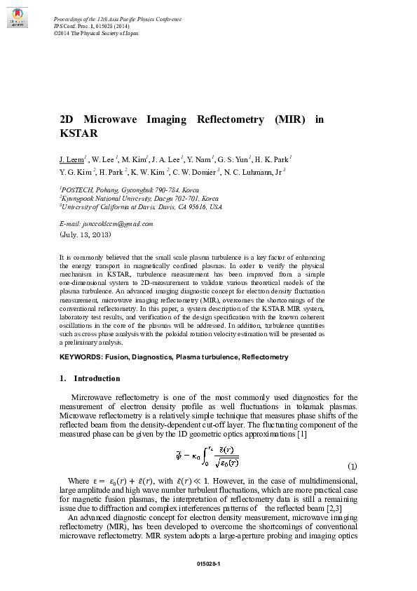 (PDF) 2D Microwave Imaging Reflectometry (MIR) in KSTAR