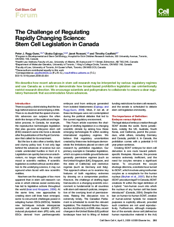 (PDF) The Challenge of Regulating Rapidly Changing Science: Stem Cell ...
