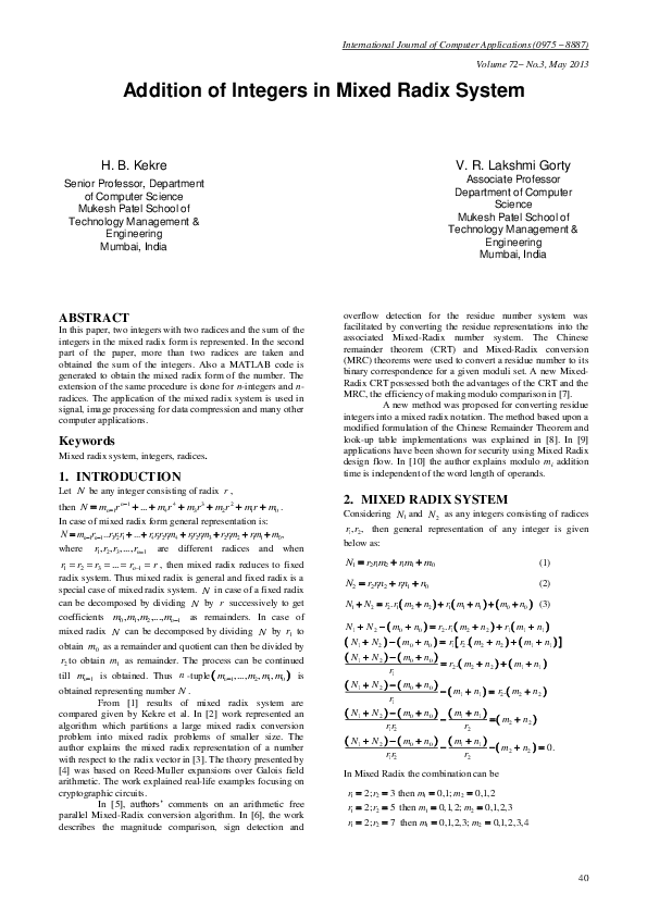(PDF) Addition of Integers in Mixed Radix System