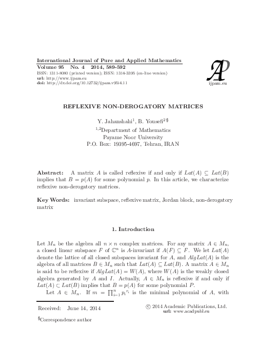 (PDF) Reflexive Non-Derogatory Matrices