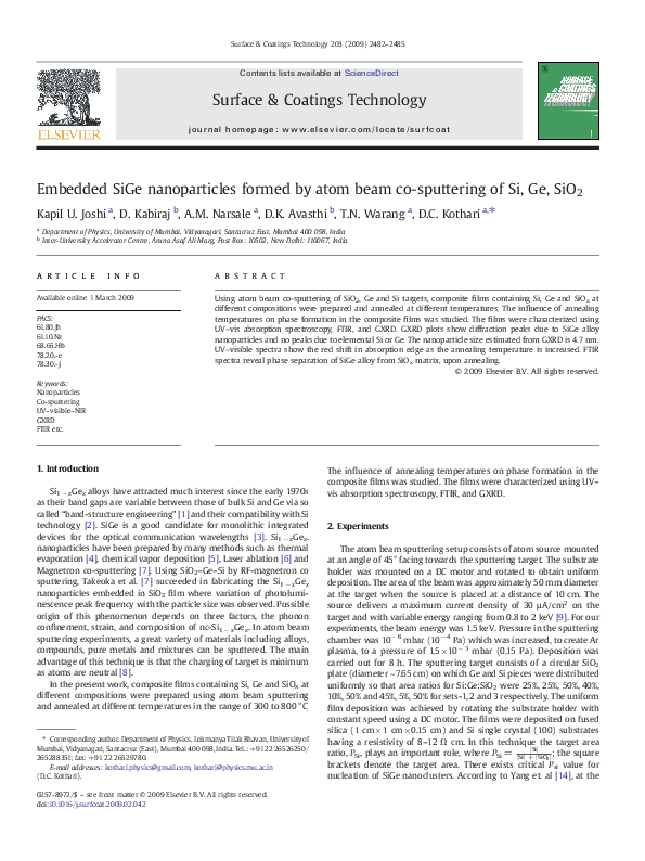 (PDF) Embedded SiGe nanoparticles formed by atom beam co-sputtering of Si, Ge, SiO2 | KAPIL DEV ...
