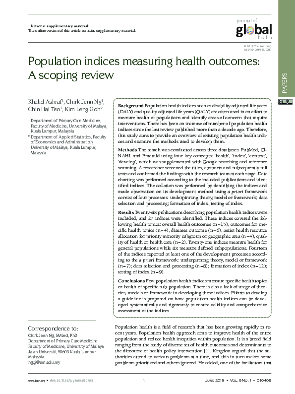 (PDF) Population indices measuring health outcomes: A scoping review