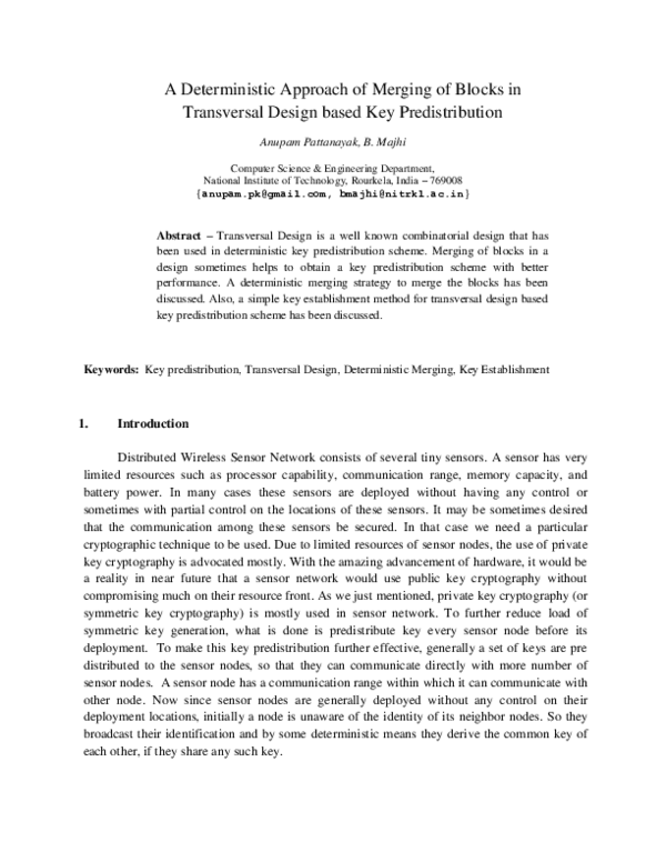 (PDF) A Deterministic Approach of Merging of Blocks in Transversal Design based Key Predistribution